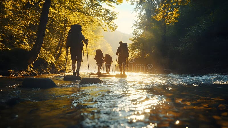 Hikers Silhouette River Crossing Illustration Stock Illustration ...