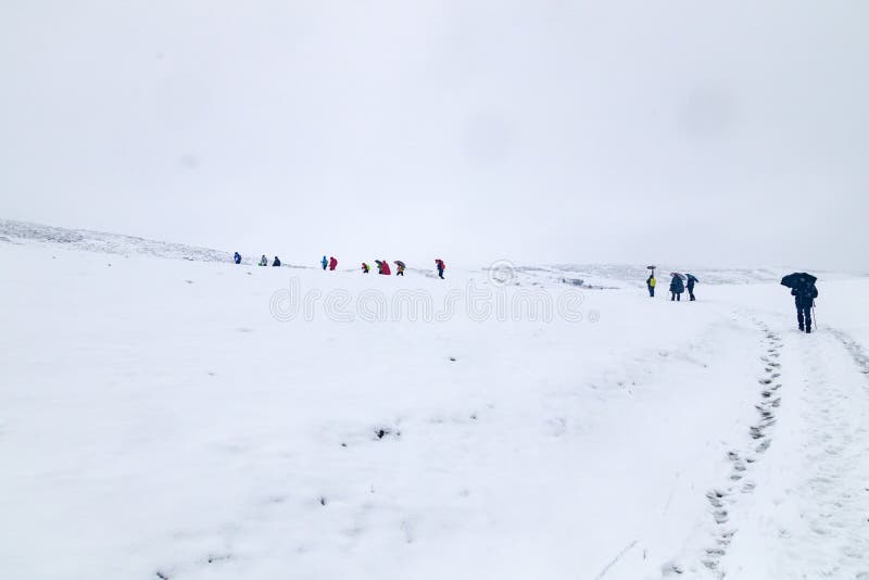 Hikers Under a Hard Snowfall Stock Photo - Image of snowstorm, snow ...