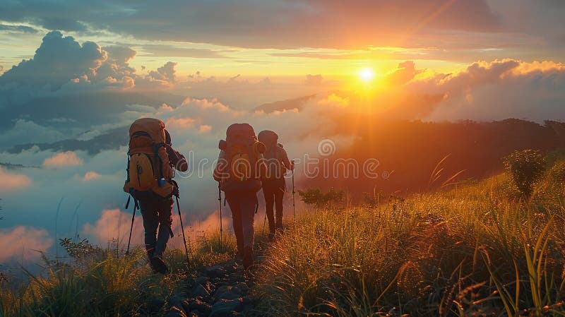 Hikers at Sunset on a Mountain Stock Illustration - Illustration of ...