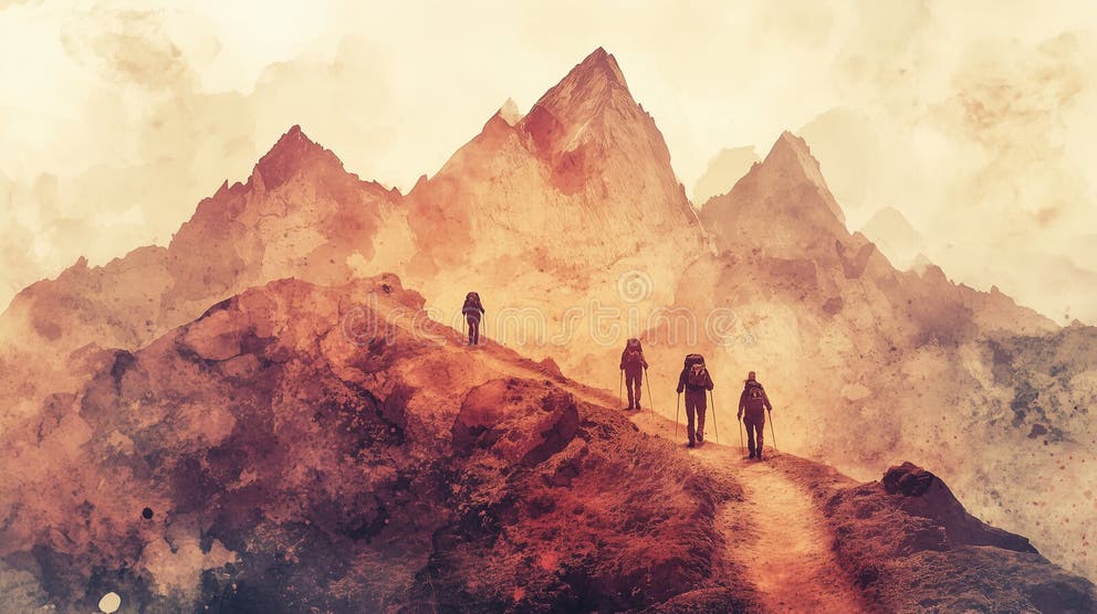 Hikers Traverse a Rugged Mountain Path Under a Dramatic Sky Stock ...