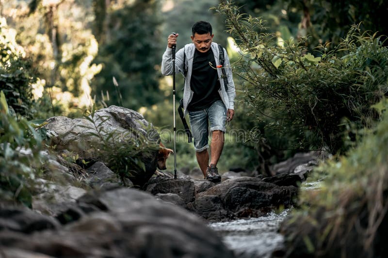 Hikers Walk on Rocks in the Stream Flowing from the Waterfall in the ...