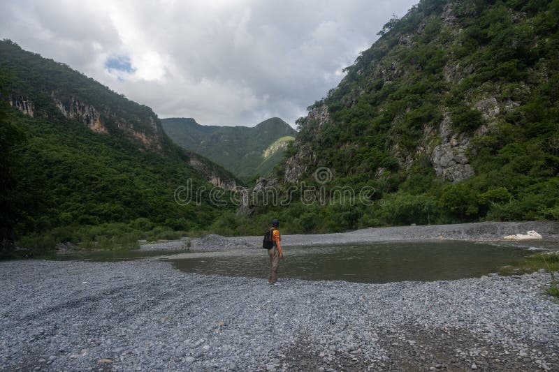 Hikers Walking on Rio Pilon in Monterrey, Mountain Water Stock Photo ...