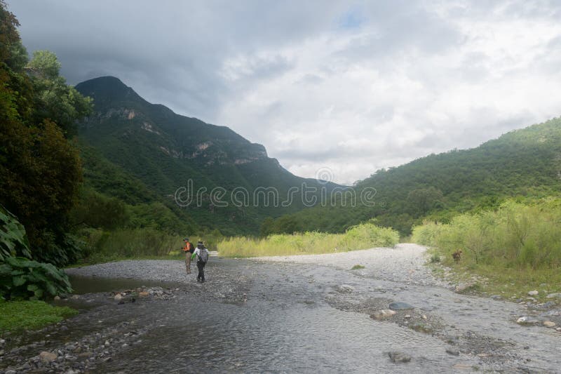Hikers Walking on Rio Pilon in Monterrey, Mountain Water Stock Photo ...