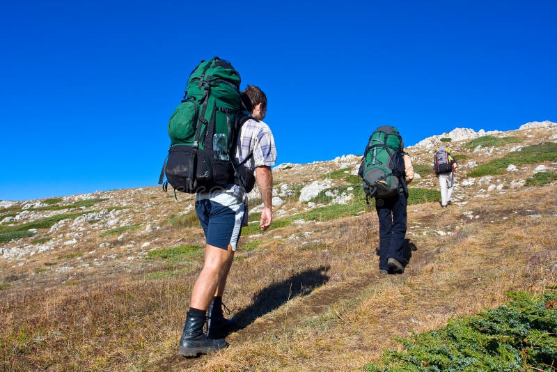 Group of Hikers Walks Mountain Rural Landscape Stock Photo - Image of ...