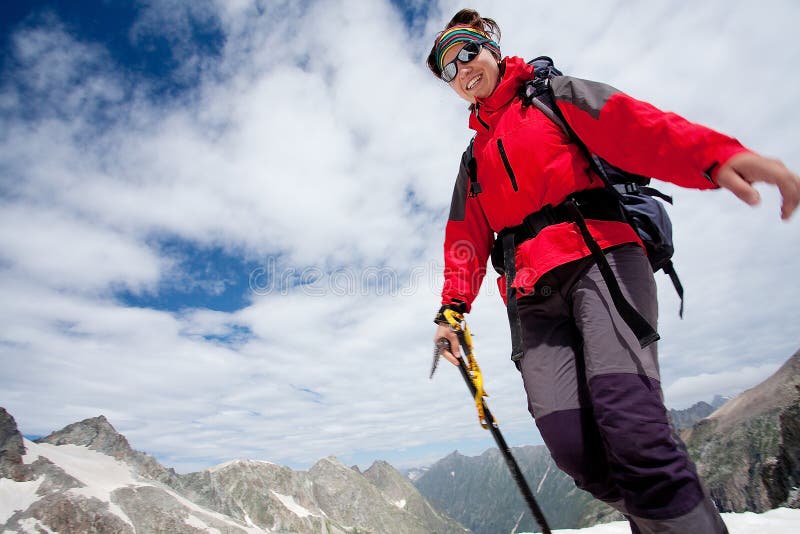 Happy Female Mountaineer Climbing Via Ferrata. Stock Photo - Image of ...