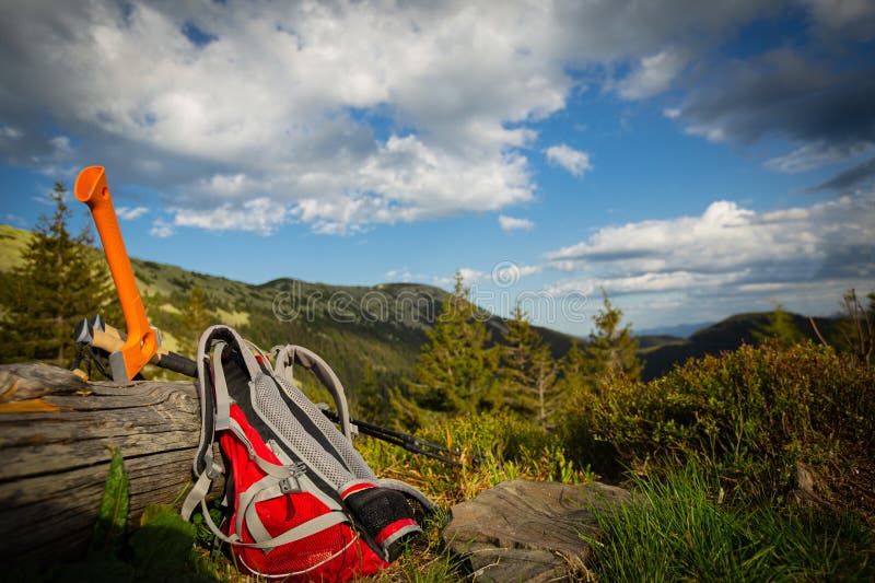 Hiking with a Backpack and an Ax in the Mountains Stock Image - Image ...