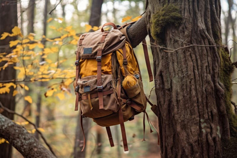 Hiking Backpack Hanging on a Tree Branch in Forest Stock Illustration ...