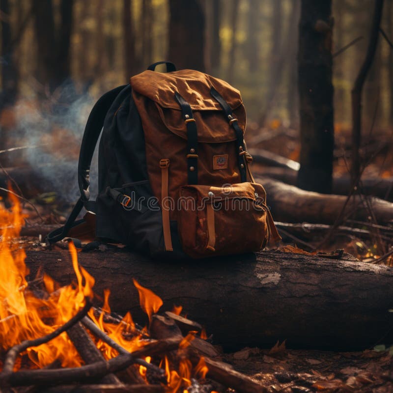 Hiking Backpack on a Log in the Forest. Backpack Near the Fire. Stock ...