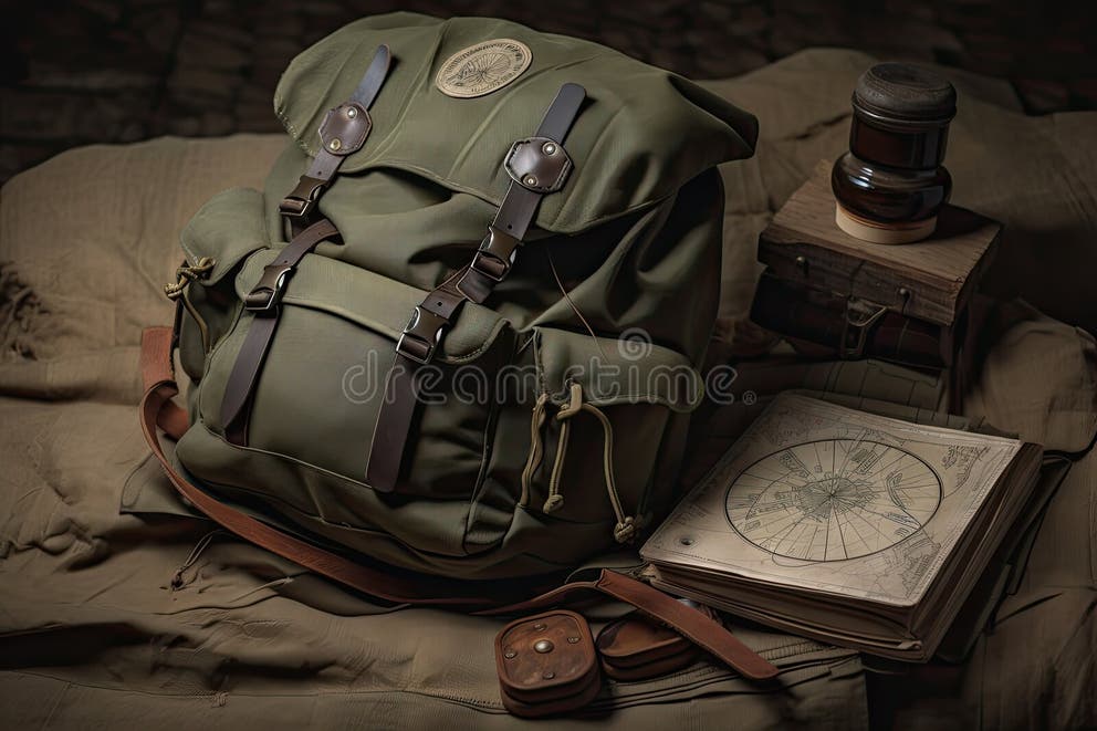 Hiking Backpack with Map and Compass, Ready for Adventure Stock ...