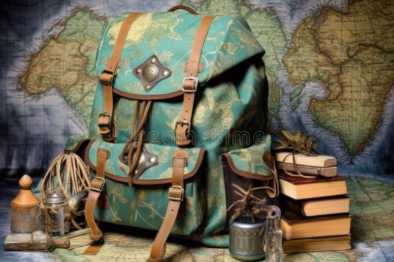 Hiking Backpack with Map and Compass on Top Stock Image - Image of gear ...