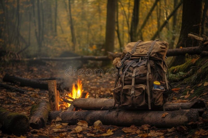 Hiking Backpack Near a Campfire in the Woods Stock Illustration ...