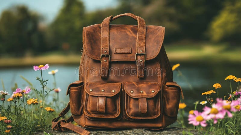 A Hiking Backpack is Placed on Grass Surrounded by Flowers, with ...