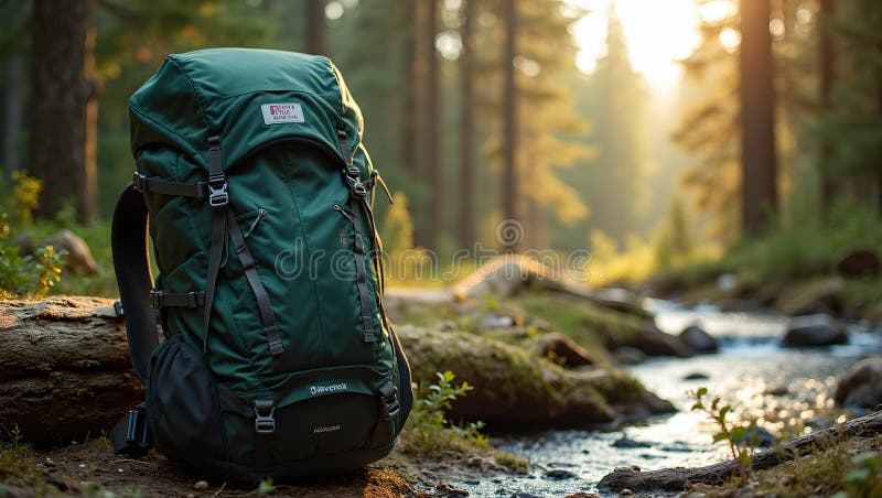 Hiking Backpack Resting on Fallen Tree in Forest Sunlight Filtering ...