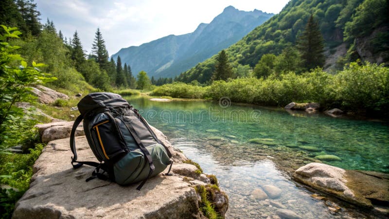 Hiking Backpack Resting Near a Mountain Spring Stock Illustration ...