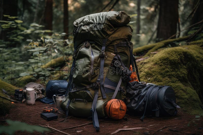 Hiking Backpack with Tent, Sleeping Bag, and Other Gear Attached Stock ...