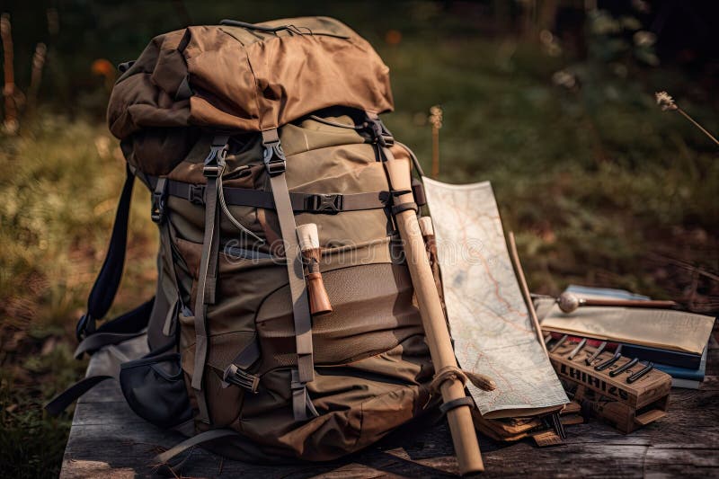 Hiking Backpack with Trekking Poles and Map, Ready for Adventure Stock ...