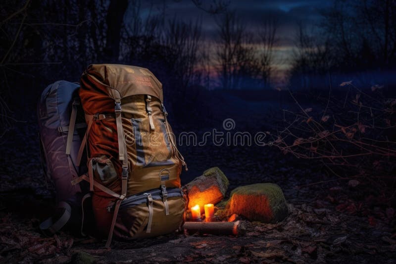 Hiking Backpack beside a Warm Campfire at Night Stock Illustration ...