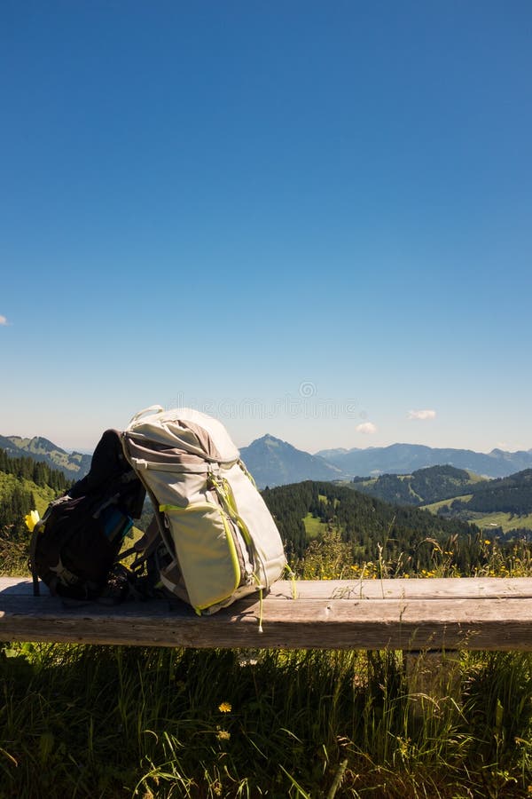 Hiking Backpacks with German Alps Backdrop Stock Image - Image of ...