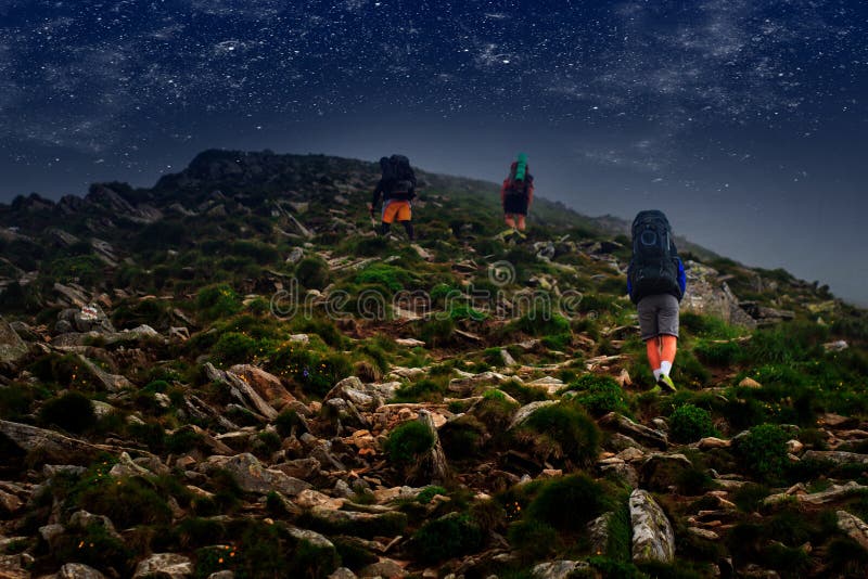 Hiking with Big Backpack in Mountains at Night Stock Image - Image of ...