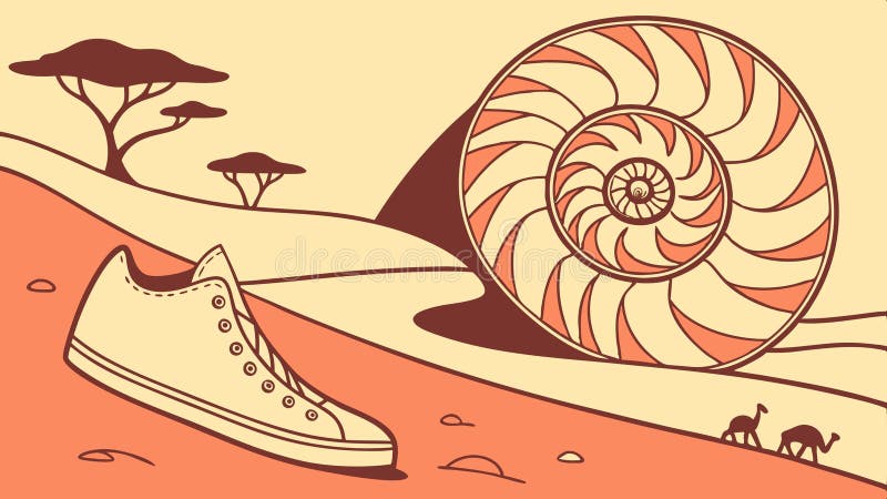 Hiking Boot and Nautilus Shell in a Desert Landscape, Vector Design ...