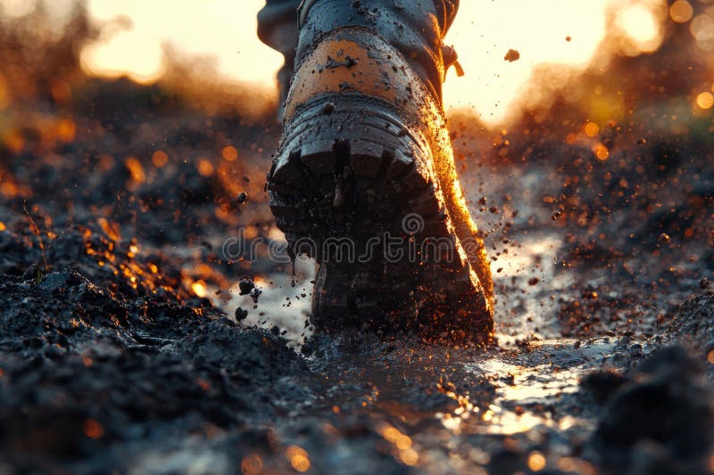 Hiking Boot Steps into Thick Mud with Splash Stock Image - Image of ...