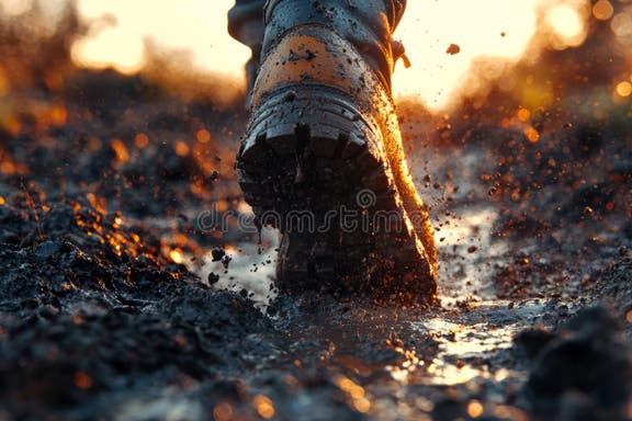 Hiking Boot Steps into Thick Mud with Splash Stock Image - Image of ...
