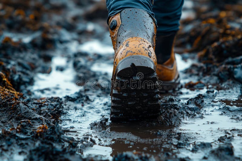 Hiking Boot Steps into Thick Mud with Splash Stock Image - Image of ...