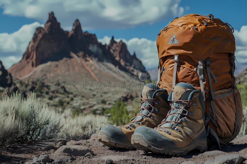 Hiking Boots and Backpack on the Ground with Mountains in the ...