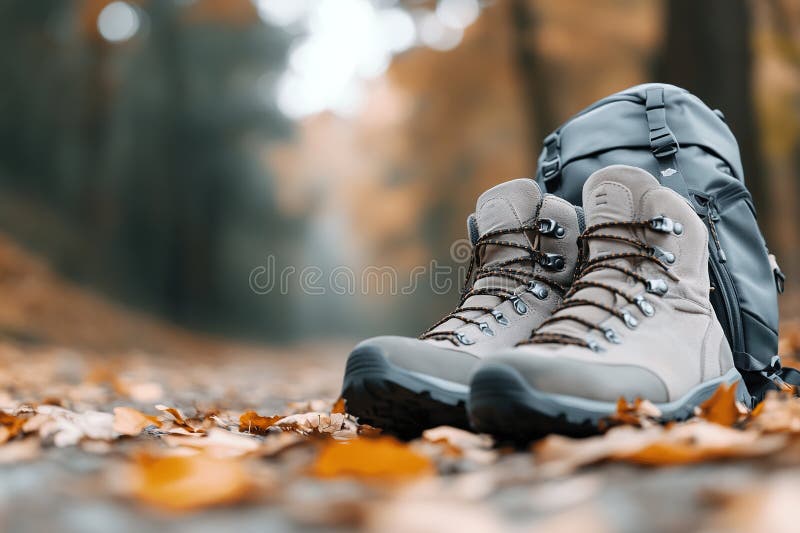 Hiking Boots and a Backpack Rest on a Leaf-covered Trail, Surrounded by ...