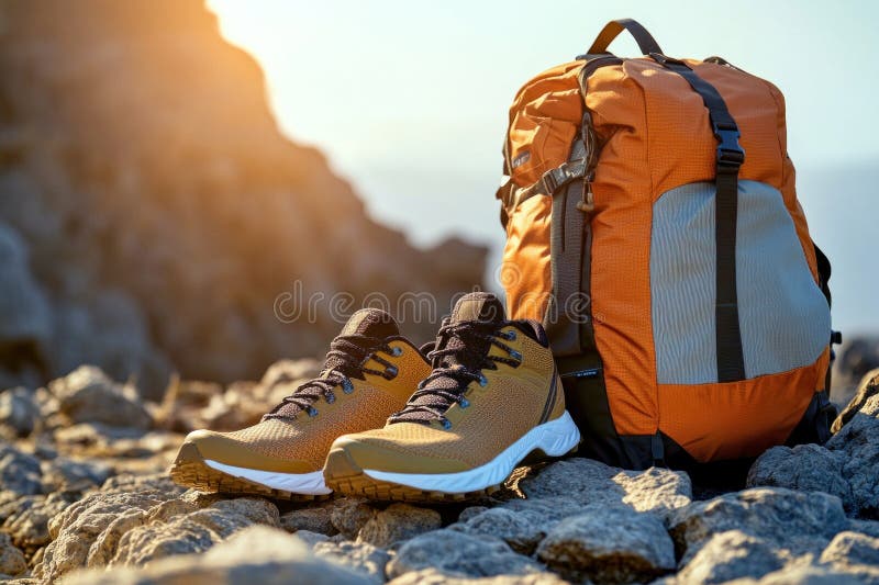 Hiking Boots and Backpack Resting on Rocks at Sunset during Hike Stock ...