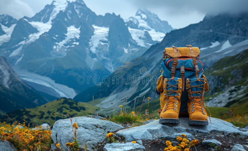 Hiking Boots and Backpack on Rock in the Mountains Stock Photo - Image ...