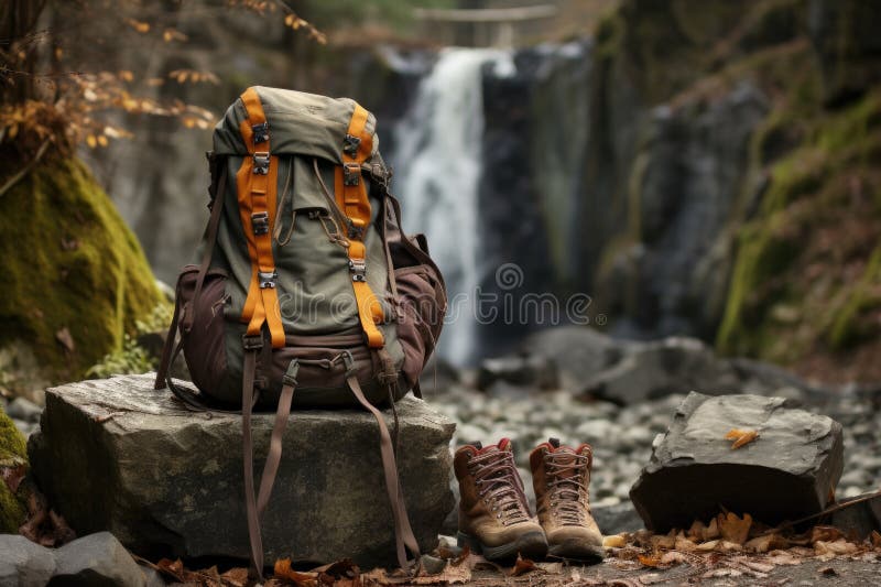 Hiking Boots and Backpack on a Rocky Trail Stock Image - Image of ...