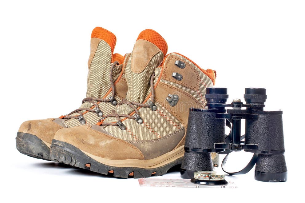 Hiking Boots, Compass and Binoculars Stock Image - Image of finding ...