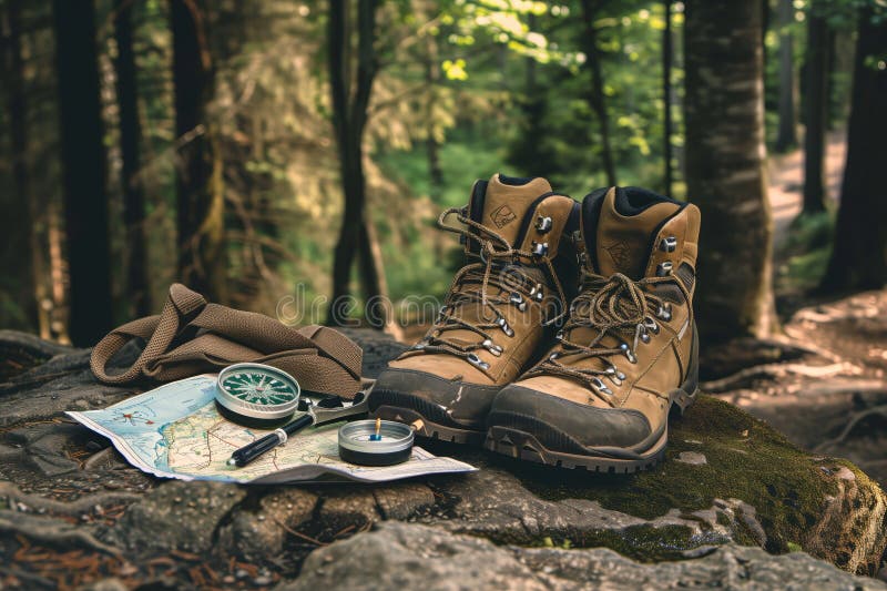 Hiking Boots and Compass on Forest Rock Stock Photo - Image of ...