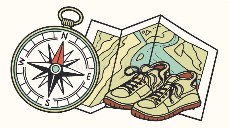 Hiking Boots, Compass and Map, Outdoor Adventure Gear Essentials Vector ...