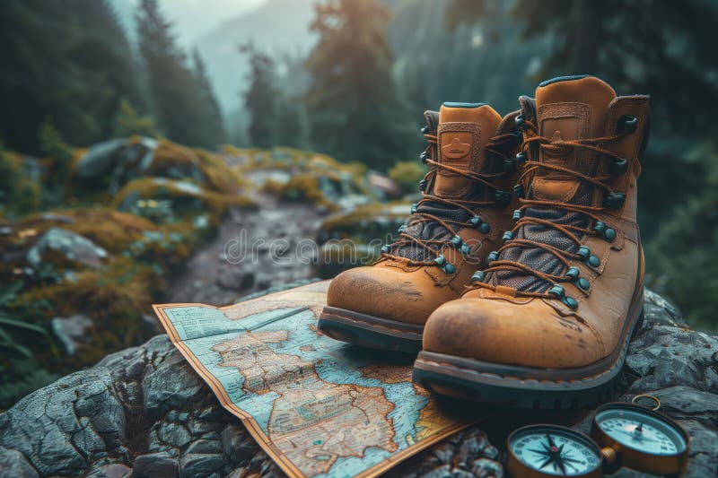 Hiking Boots and Compass on Trail Map Outdoors Stock Image - Image of ...