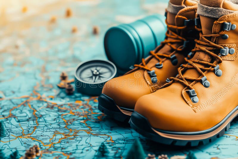 Hiking Boots and Essential Gear Positioned on a Detailed Topographical ...