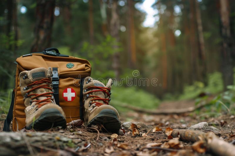 Hiking Boots and First Aid Kit in the Forest Stock Illustration ...