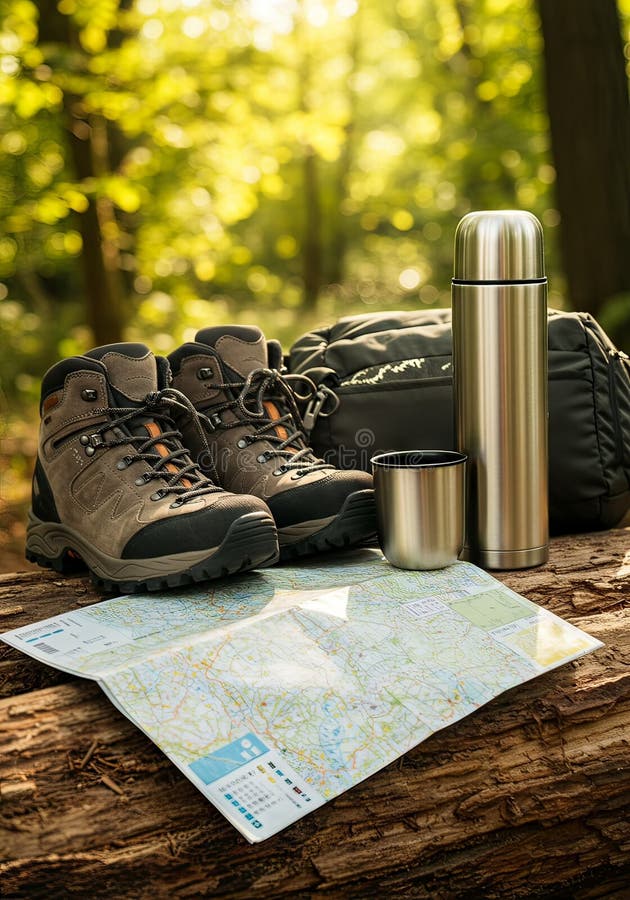 Hiking Boots and Gear on Forest Trail Stock Illustration - Illustration ...
