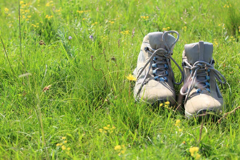 Hiking boots on grass stock photo. Image of meadow, grass - 47320374
