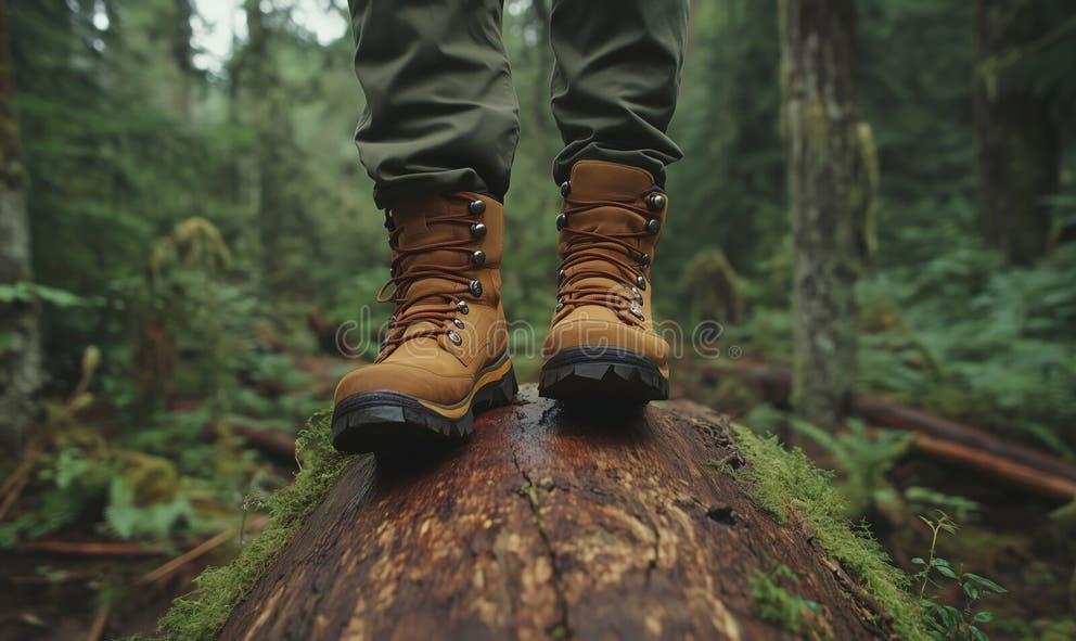 Hiking Boots on Log in Forest, Surrounded by Lush Greenery and Trees ...