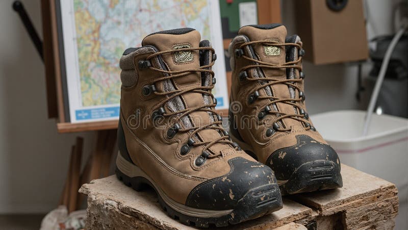 Hiking Boots with Mud Stains Next To a Folded Map on a Table Stock ...