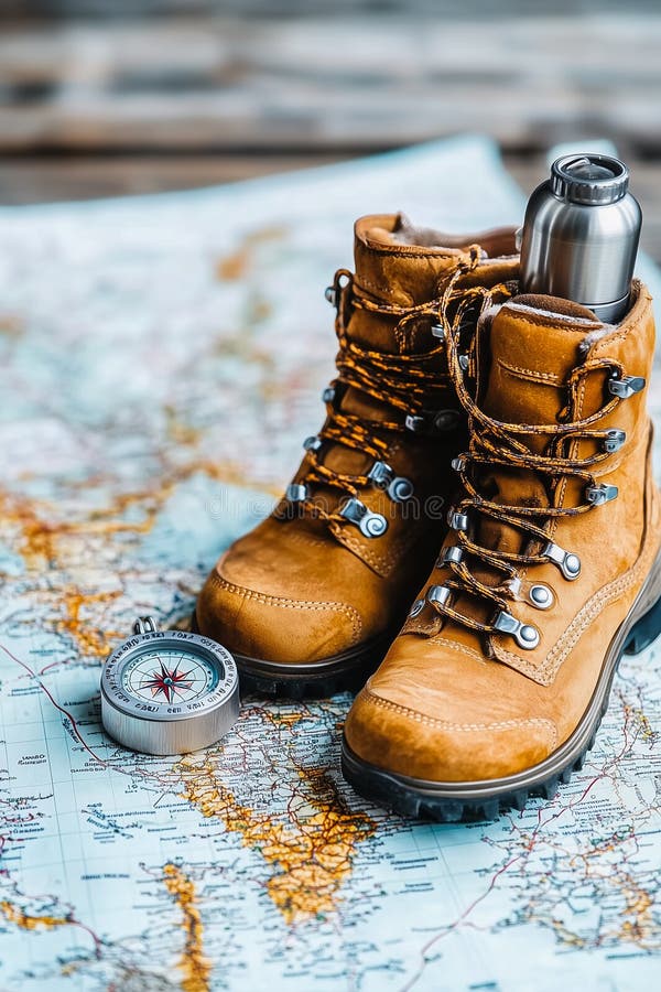 Hiking Boots Rest on a Topographical Map, Accompanied by a Compass and ...