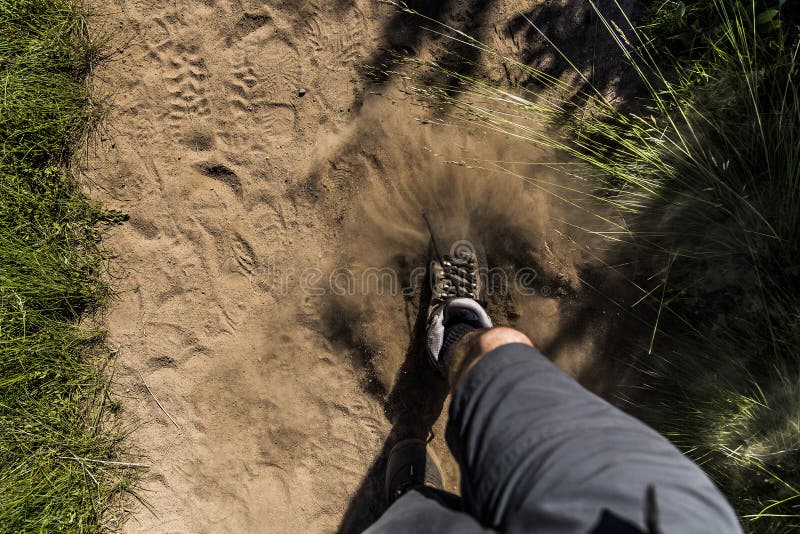 Hiking Boots on Sandy Trail First Person Point of View Stock Photo ...