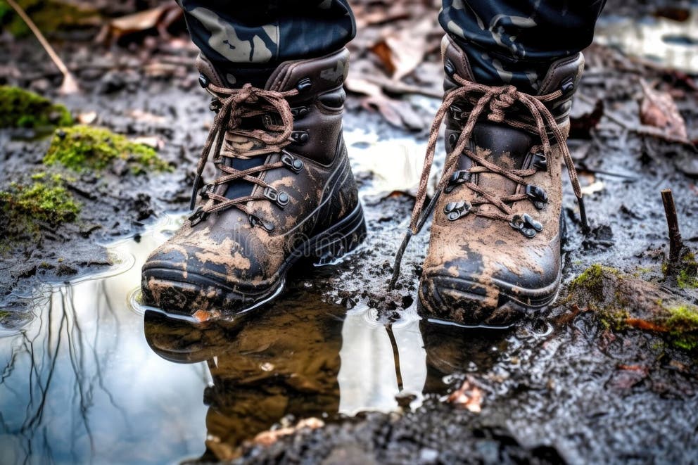 Hiking Boots Sinking in Deep Mud Puddle Stock Image - Image of slippery ...