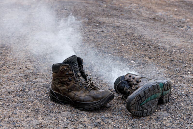 Hiking Boots are Smoking from Sweaty Feet Stock Image - Image of ...