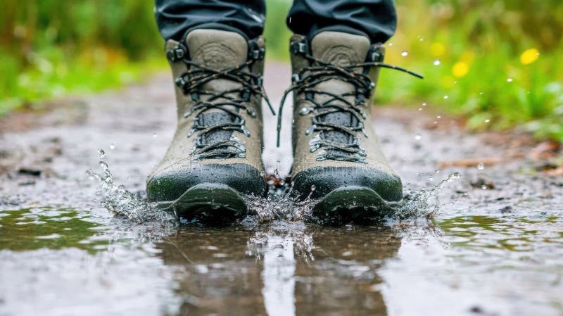 Hiking Boots Splash through a Muddy Puddle on a Forest Trail, AI Stock ...