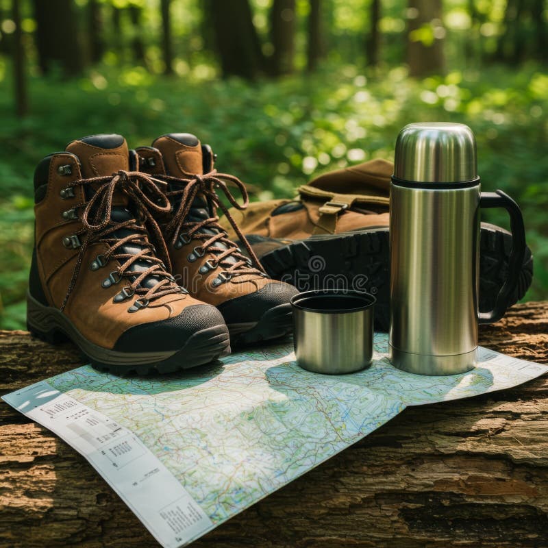 Hiking Boots Thermos Map in Forest Setting Stock Illustration ...