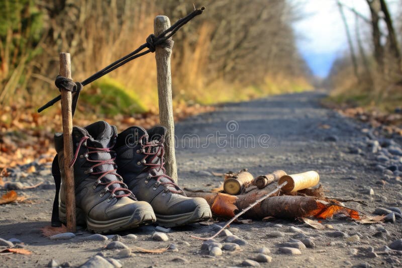 Hiking Boots and Walking Stick Near Trailhead Stock Image - Image of ...