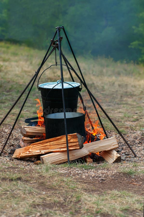 Hiking Bucket and Pan Over the Fire Stock Image - Image of post, lunch ...